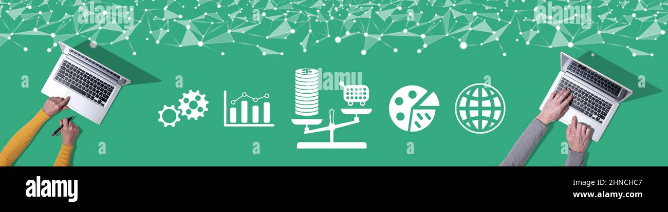 Top view of hands using laptop with symbol of inflation concept Stock ...