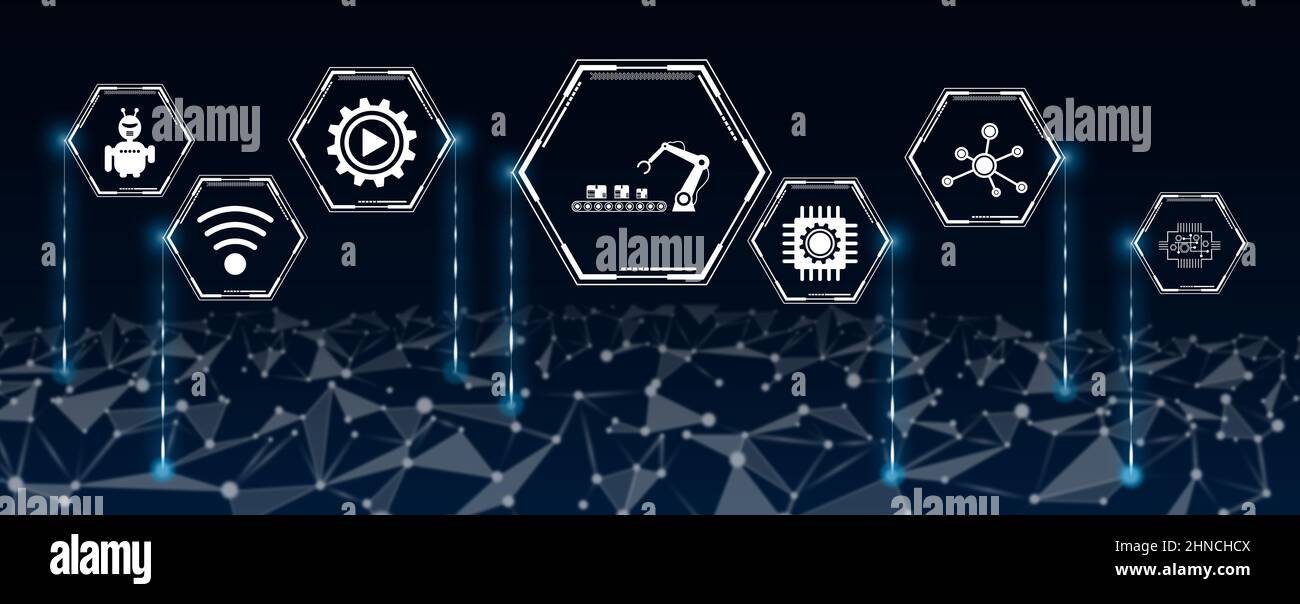 Concept of automation with icons in hexagons connected to abstract ...