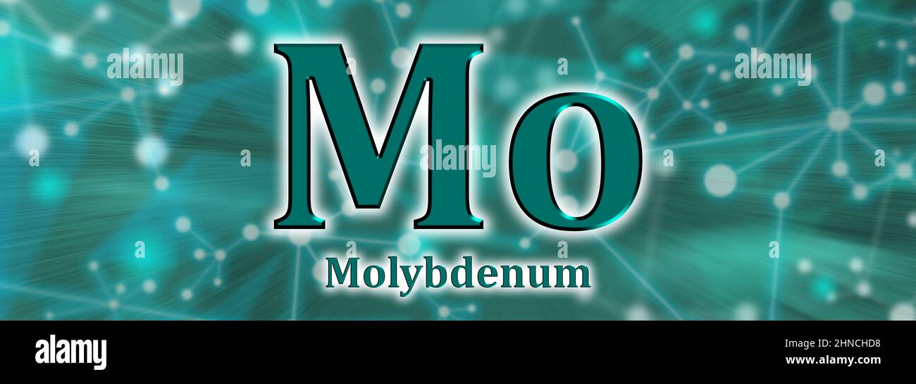 Mo symbol. Molybdenum chemical element on green network background ...