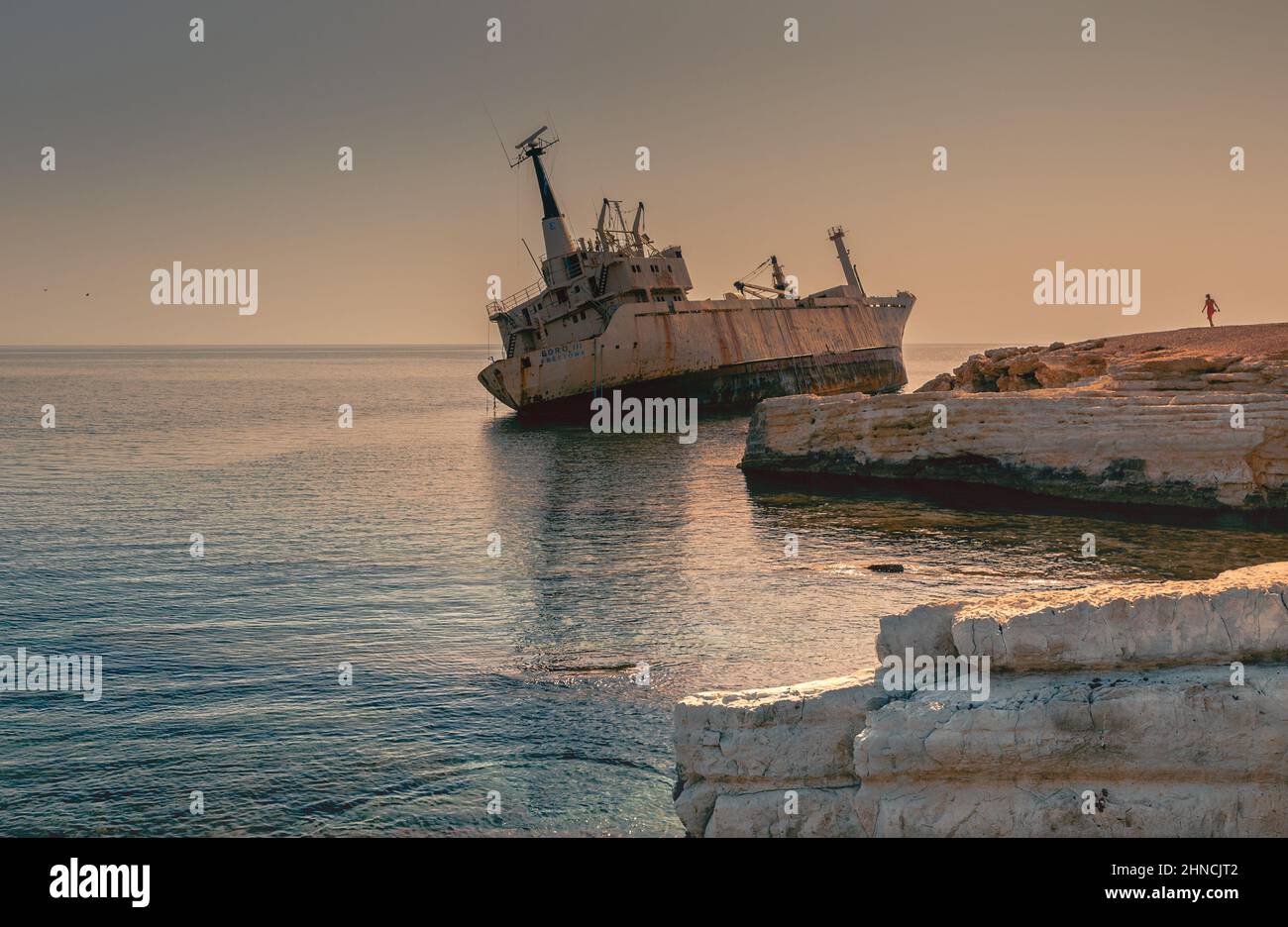 View of abandoned ship wreck EDRO III in Pegeia, Paphos, Cyprus. The ...