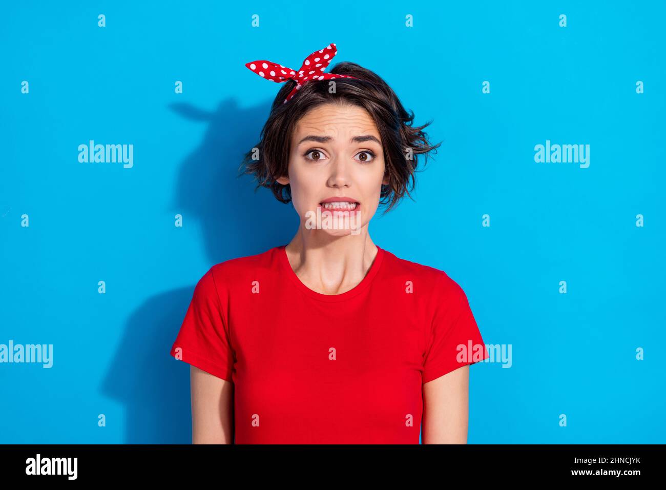 Photo of young pretty girl worried nervous problem fail stressed ...