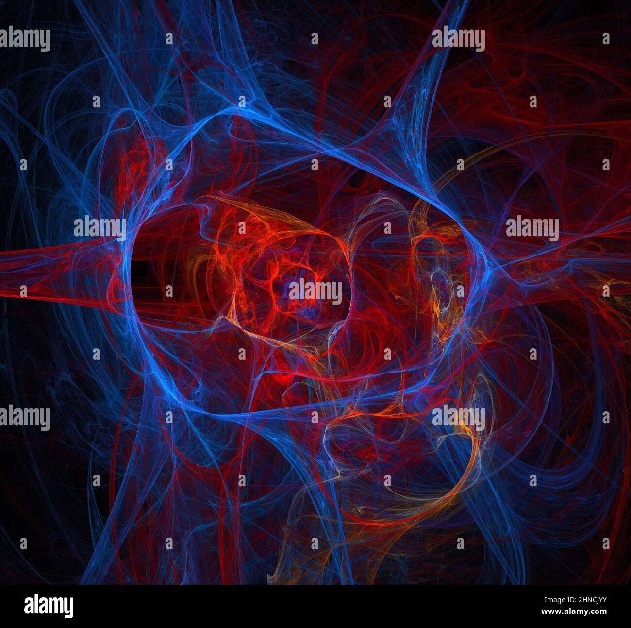 Red and blue threads arranged in circles around the center. Black ...