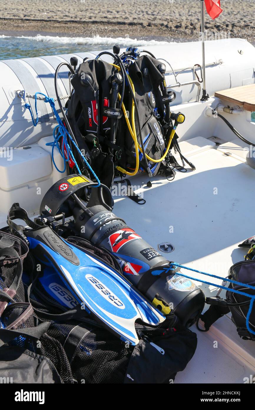 Diving Equipment on the boat Stock Photo - Alamy