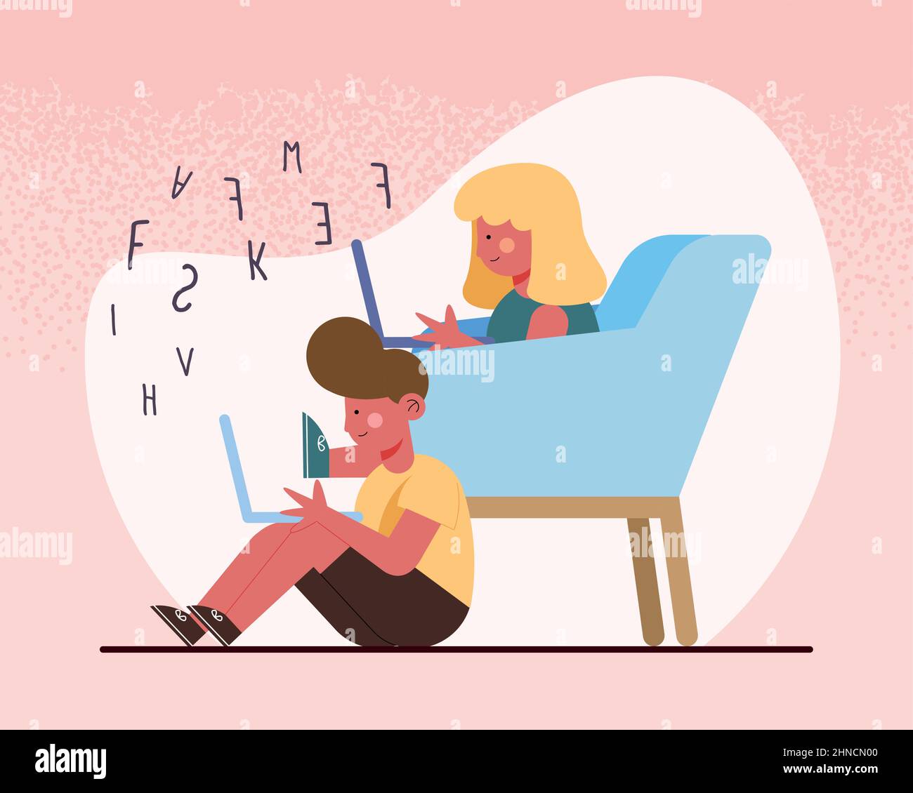 little students couple using laptops elearning Stock Vector Image & Art ...