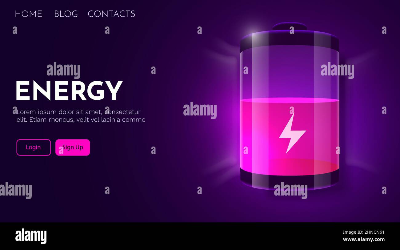 Futuristic charging battery. Concept of energy. Landing page template ...