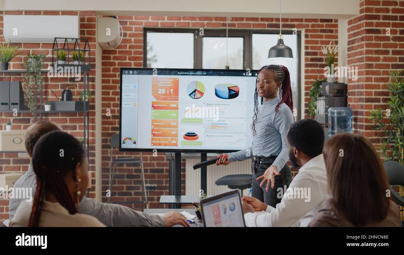 Close up of woman doing business presentation in boardroom, explaining ...