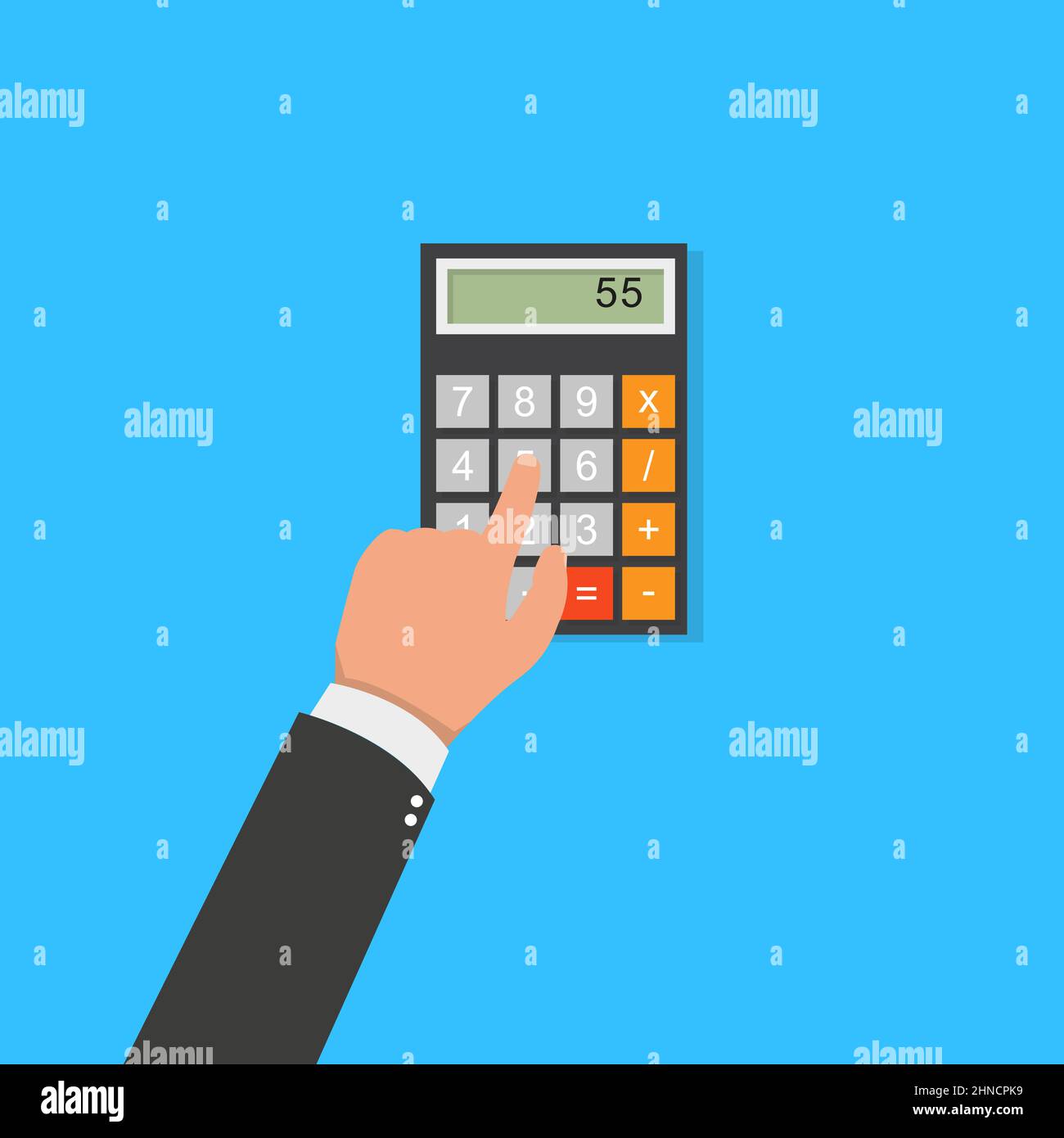 Businessman uses a calculator. Finger touch button. Top view vector ...