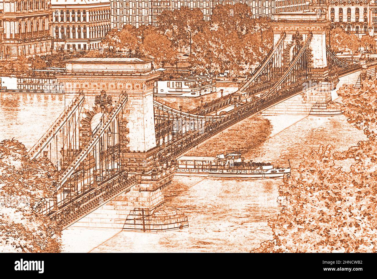 areial view on he Széchenyi Chain Bridge and Danube river, Budapest ...