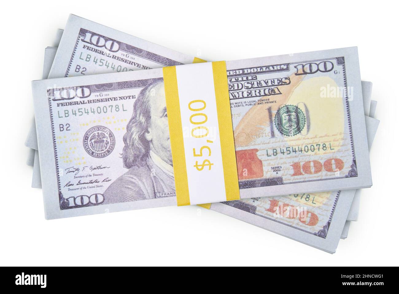 5 thousand American dollars on white background , 100 dollars bill ...