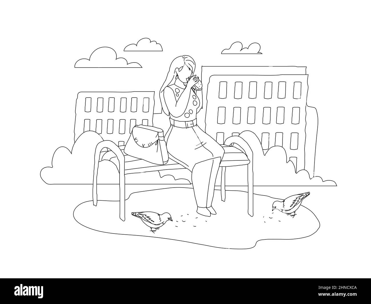 Woman rest sitting on park bench line vector Stock Vector Image & Art ...