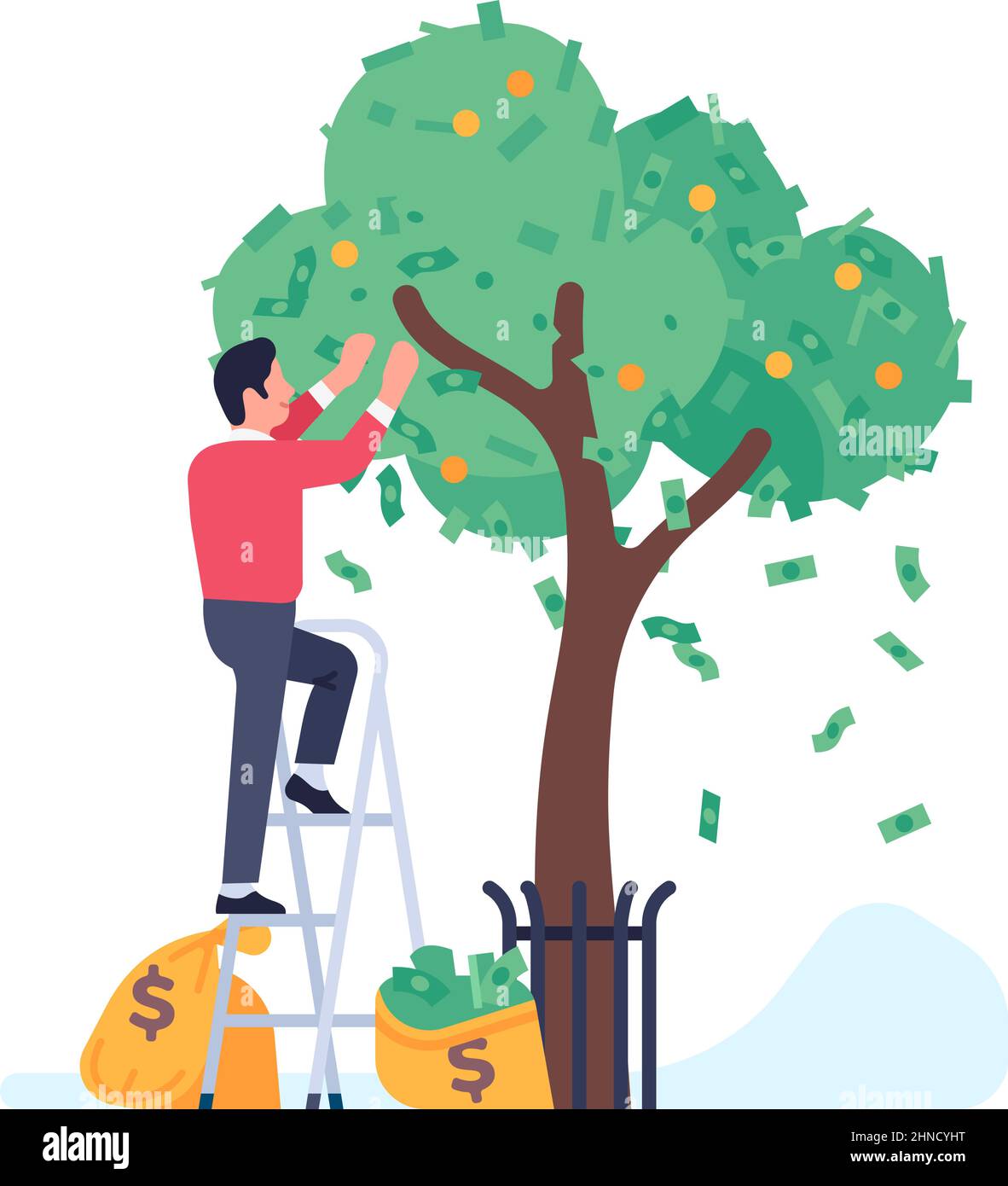 Man harvesting dollar bills from green tree. Making money concept Stock ...