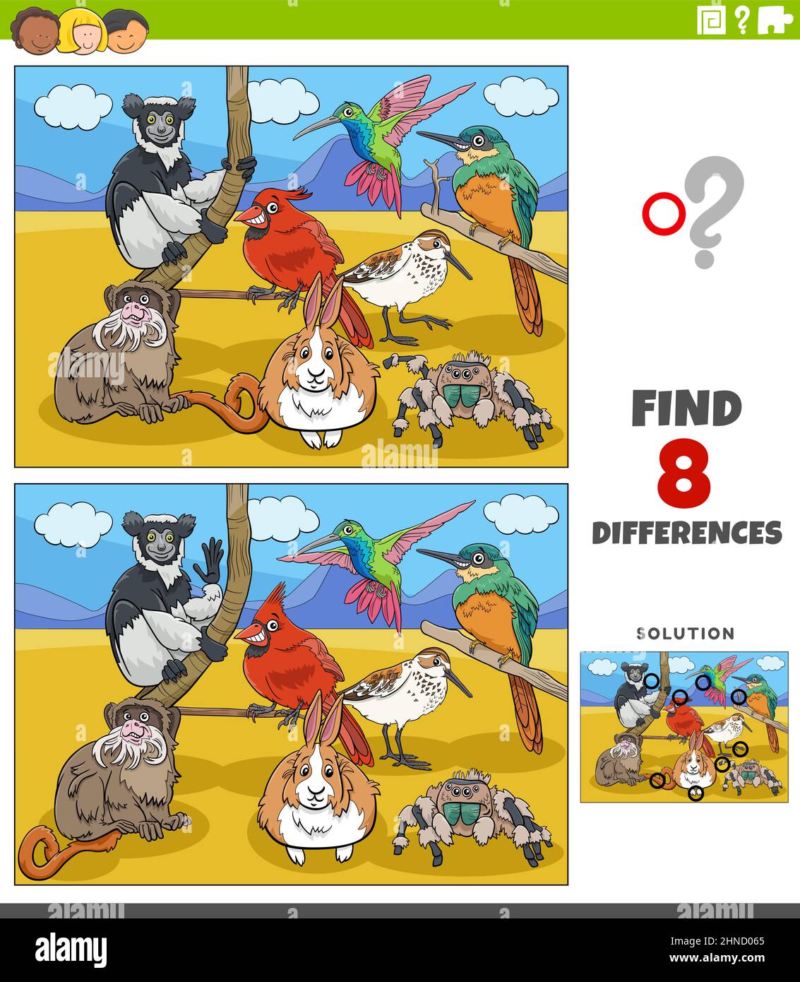Cartoon illustration of finding the differences between pictures educational task for children ...