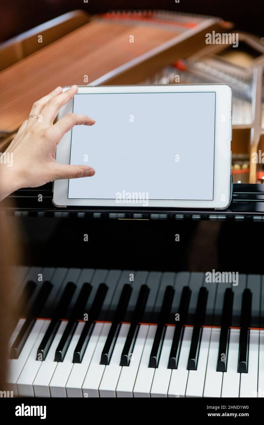 Crop female musician touching tablet with blank screen while sitting at ...
