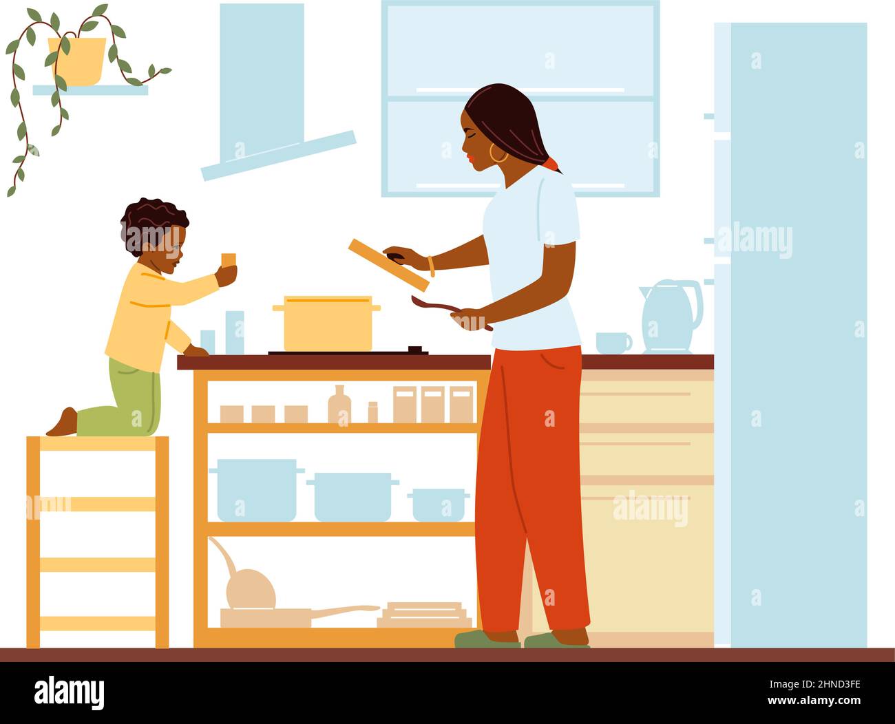 Mother cooking dinner with son. Child helping in food preparation Stock ...