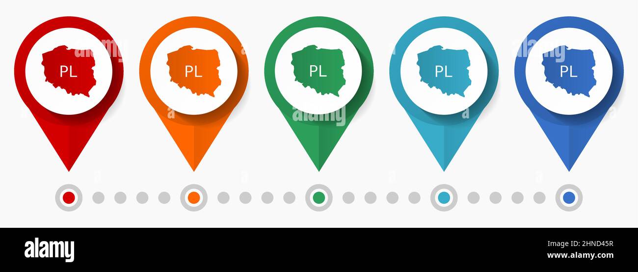 Poland map concept vector icon set, flat design polish pointers ...