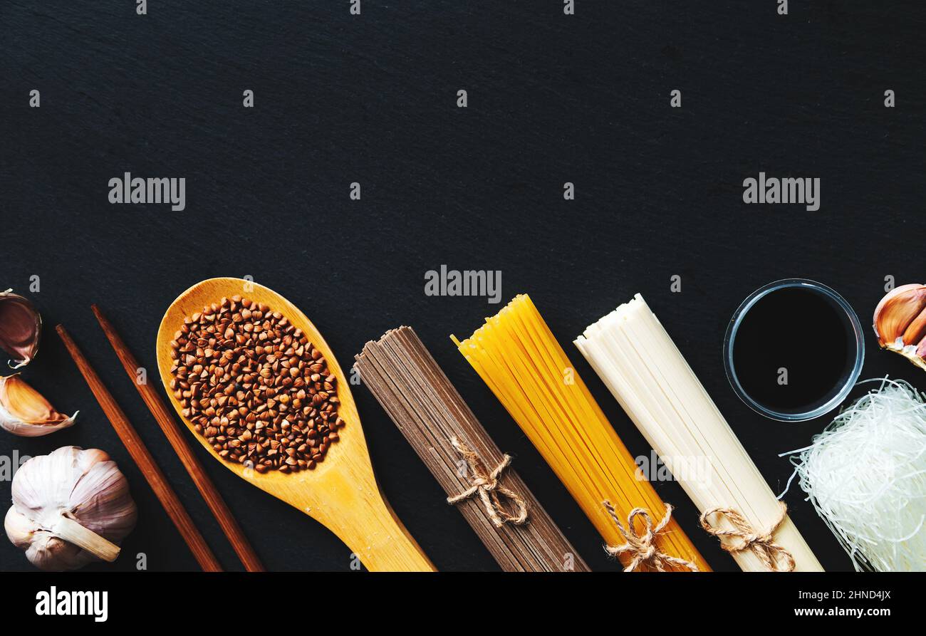 Noodles from different countries. Soba, udon, spaghetti, funchose ...