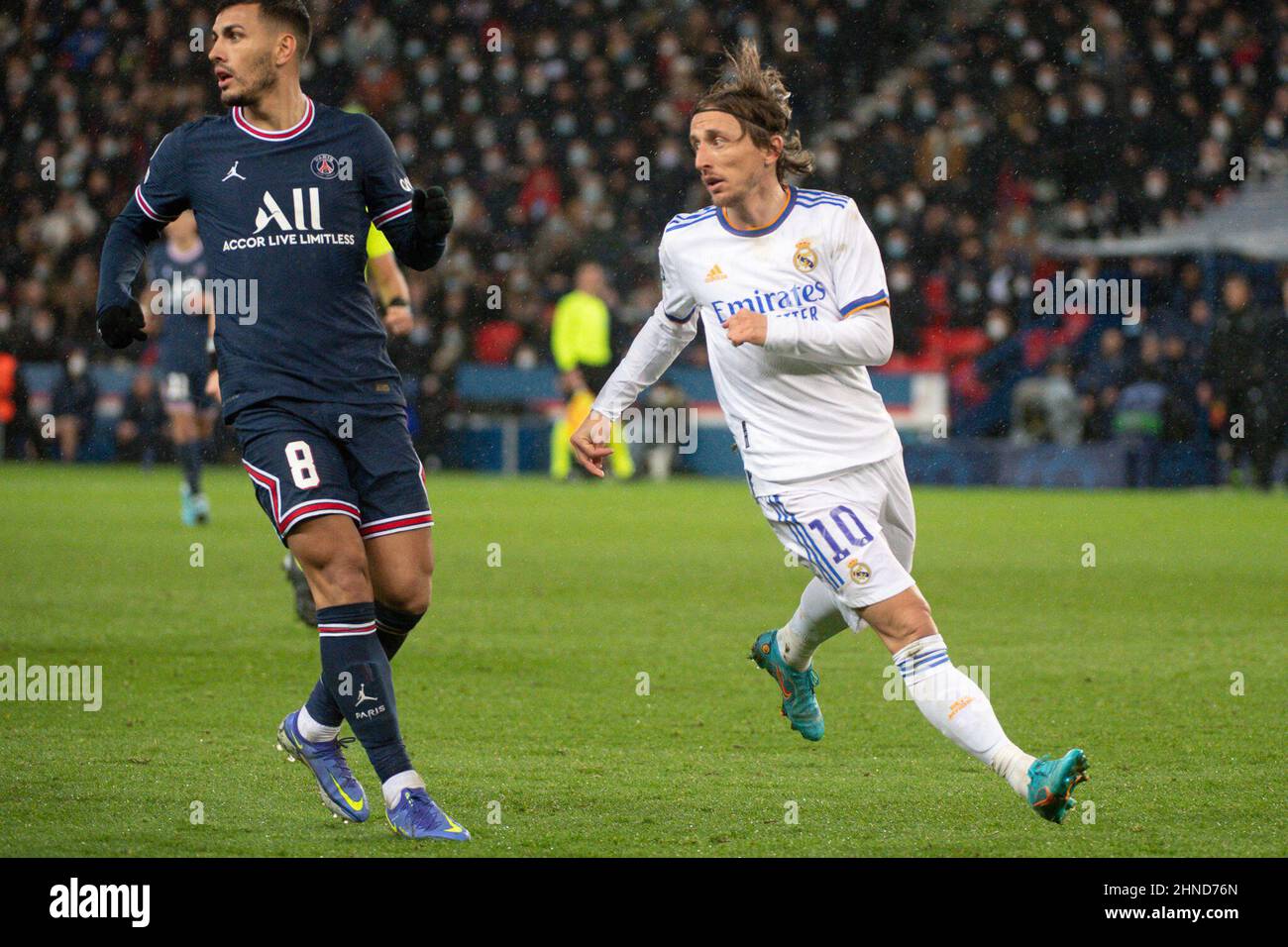 PSG’s Leandro Paredes and Real Madrid’s Luka Modric during UEFA ...