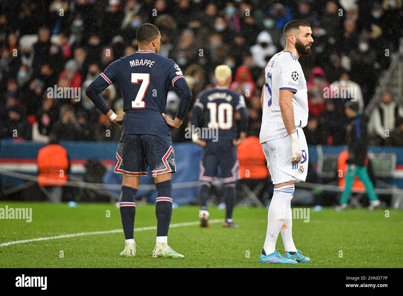 PSG’s Kylian Mbappe and Real Madrid’s Karim Benzema during UEFA ...