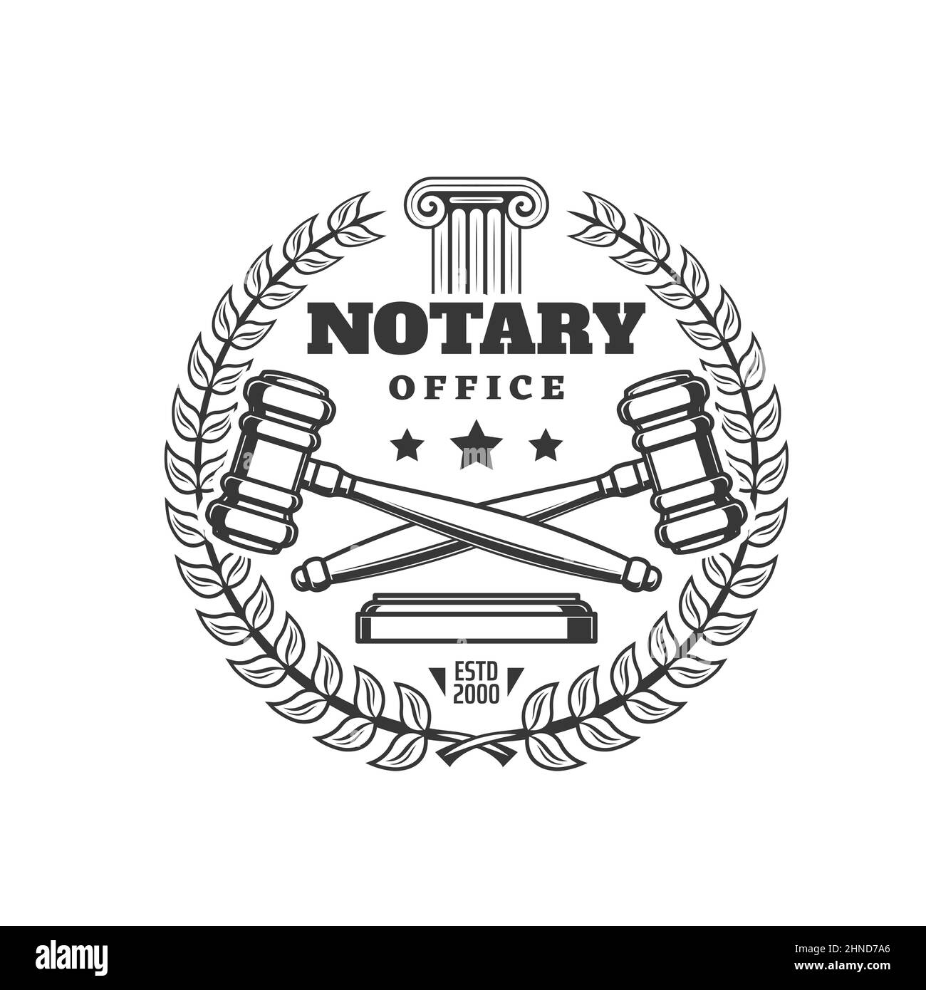 Notary heraldic icon of crossed vector judge gavels in laurel wreath ...