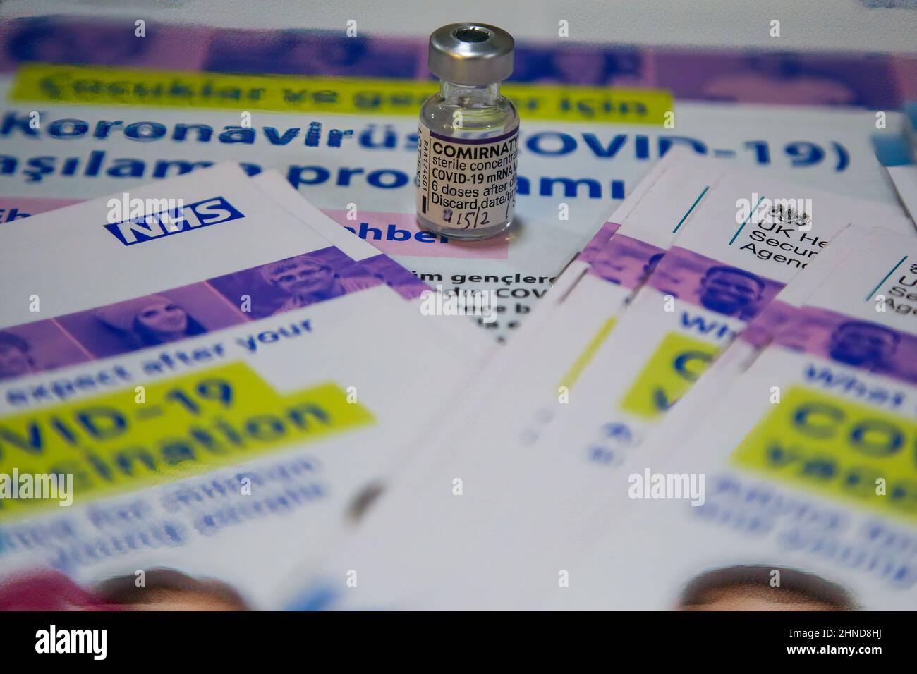 London, UK. 15th Feb, 2022. A vial containing Pfizer Covid-19 booster ...