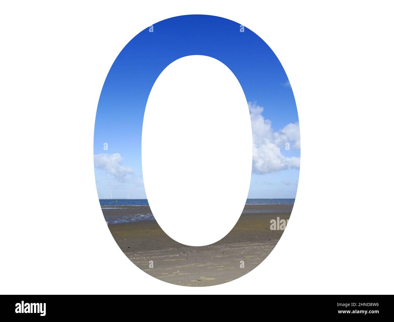 Letter O of the alphabet made with beach, sea and blue sky, north sea ...