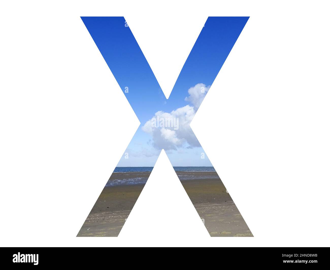 Letter X of the alphabet made with beach, sea and blue sky, north sea ...