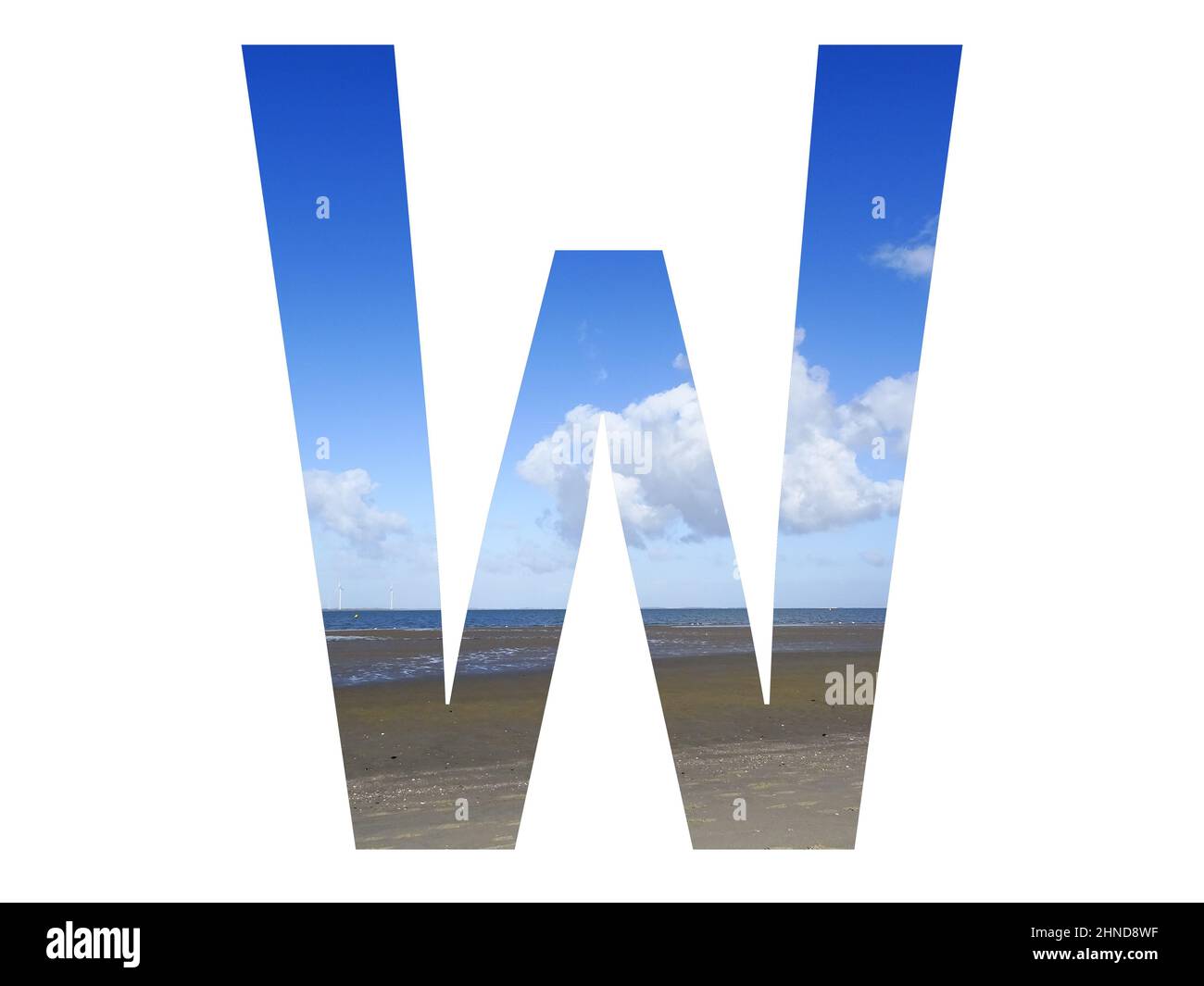 Letter W of the alphabet made with beach, sea and blue sky, north sea ...