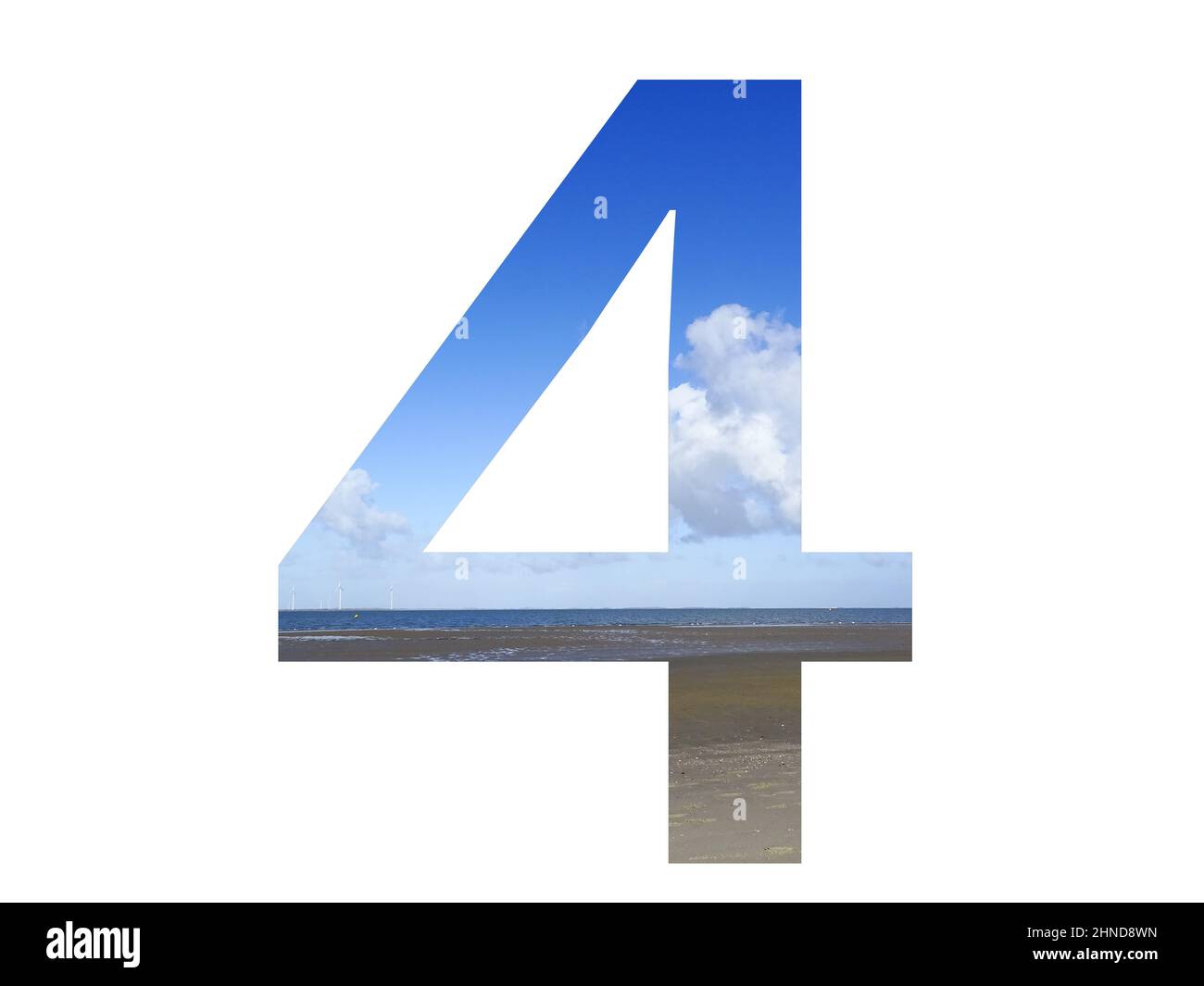 number 4 of the alphabet made with beach, sea and blue sky, north sea ...