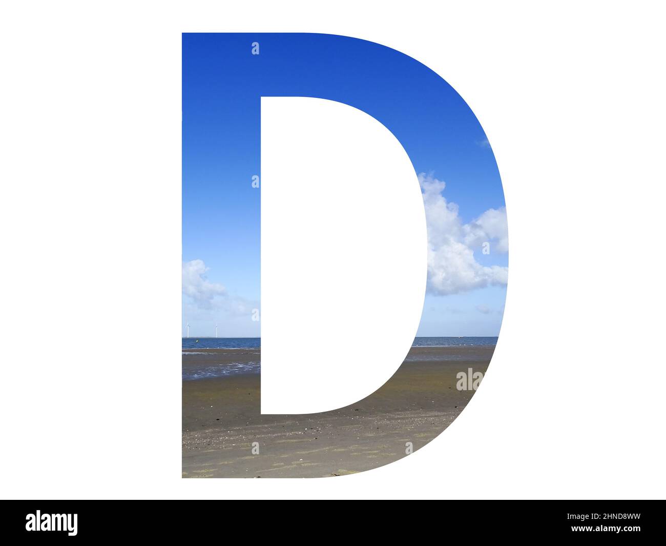 Letter D of the alphabet made with beach, sea and blue sky, north sea ...