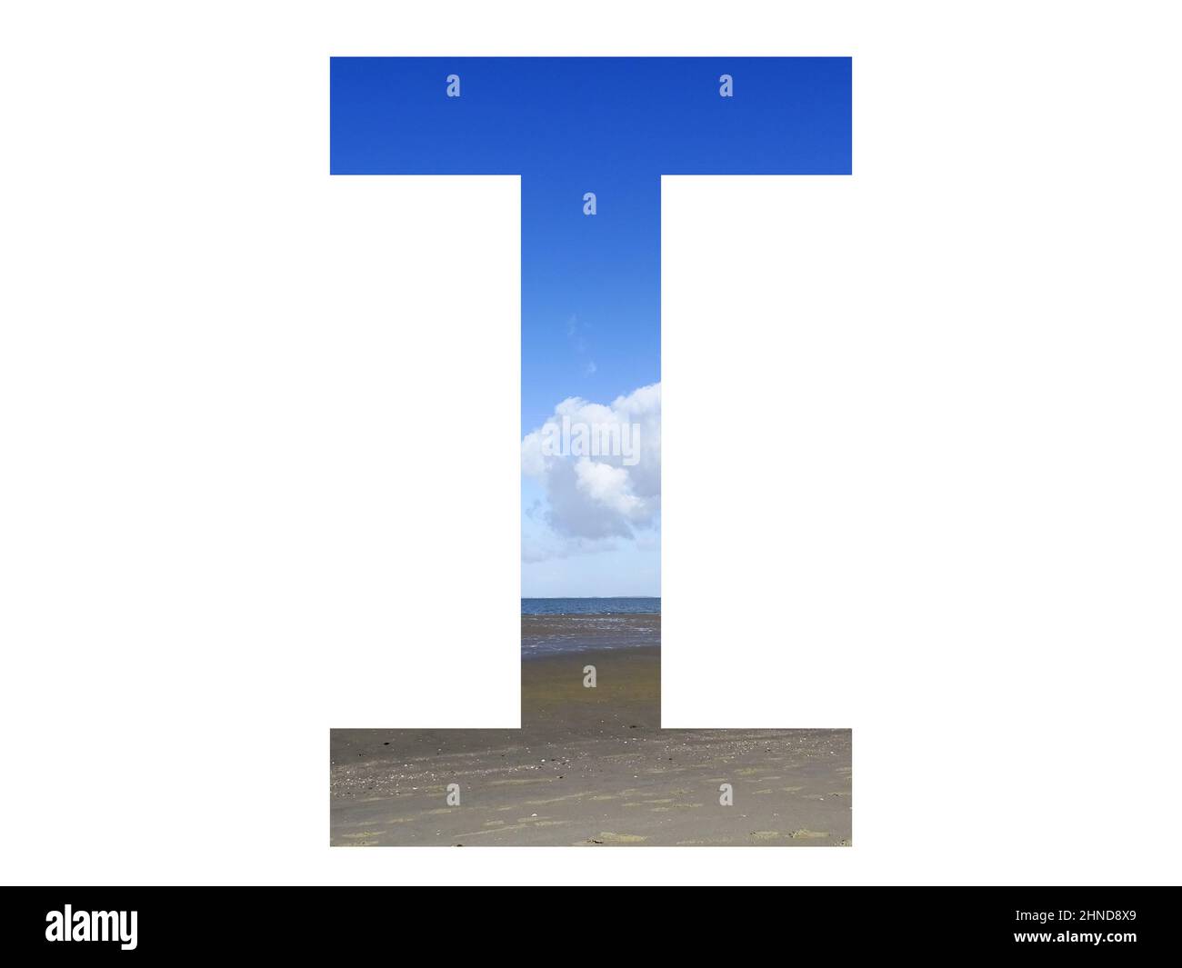 Letter I of the alphabet made with beach, sea and blue sky, north sea ...