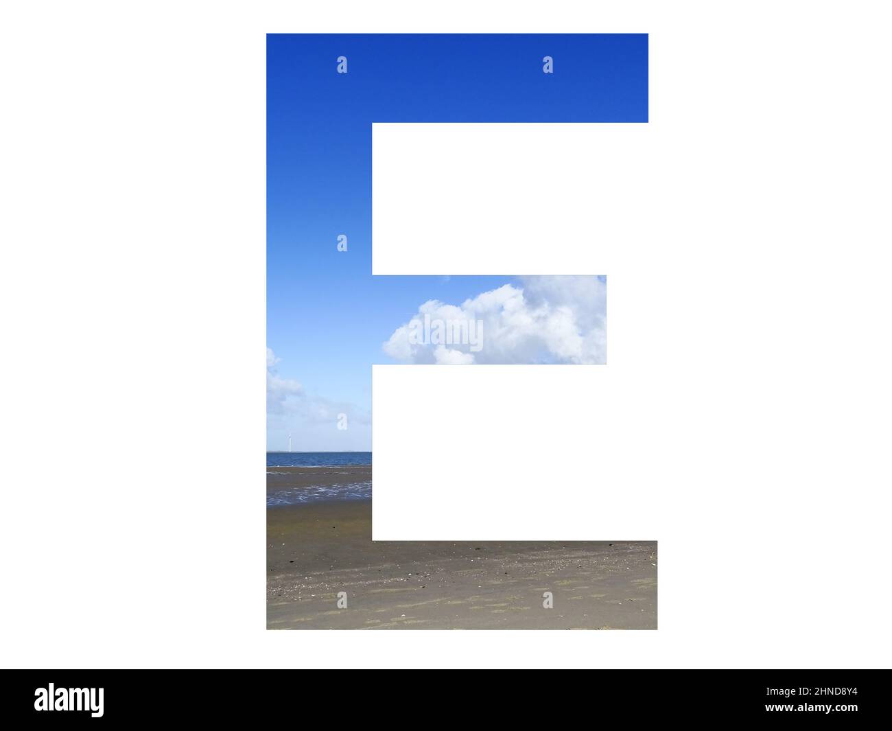 Letter E of the alphabet made with beach, sea and blue sky, north sea ...