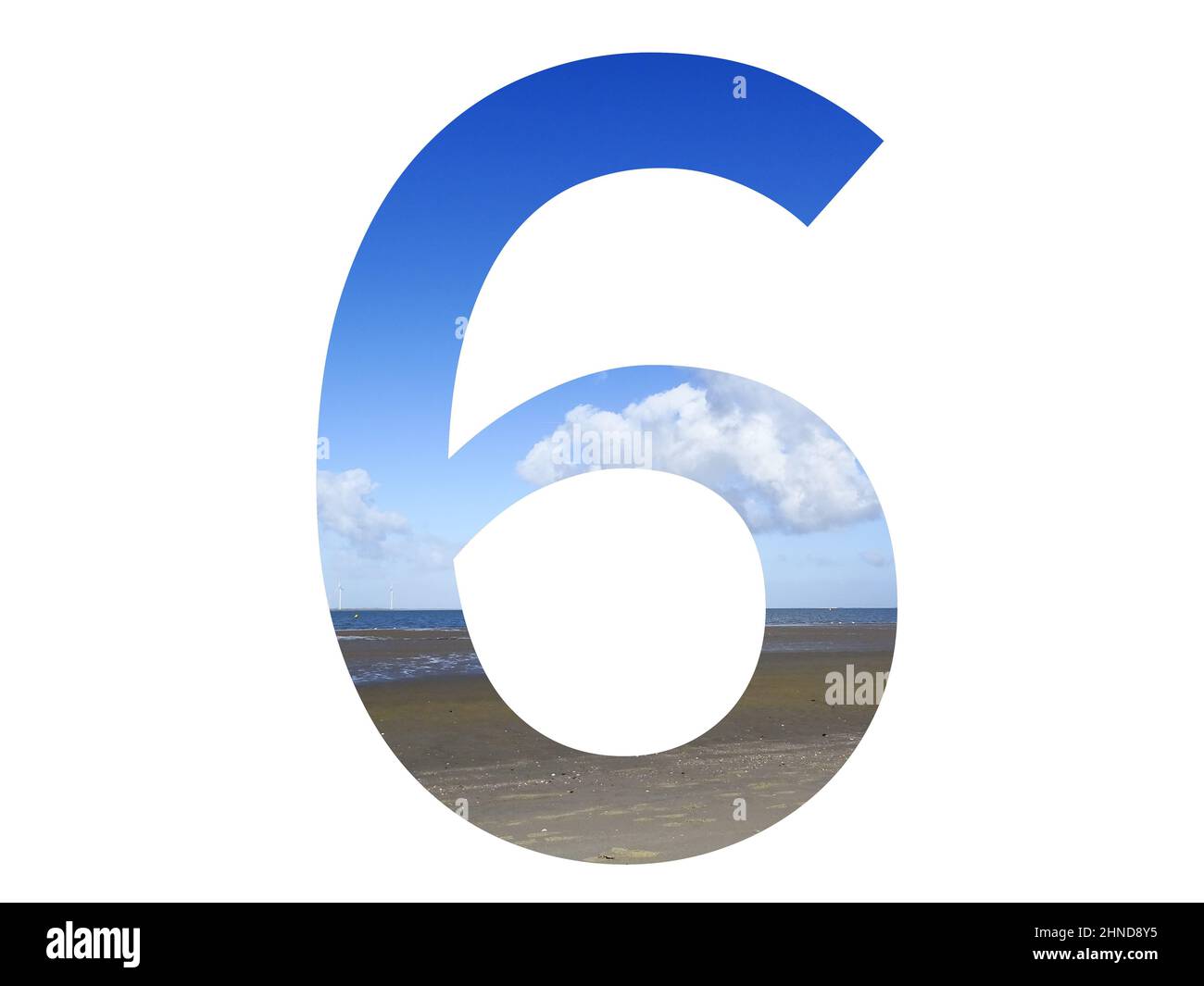 number 6 of the alphabet made with beach, sea and blue sky, north sea ...