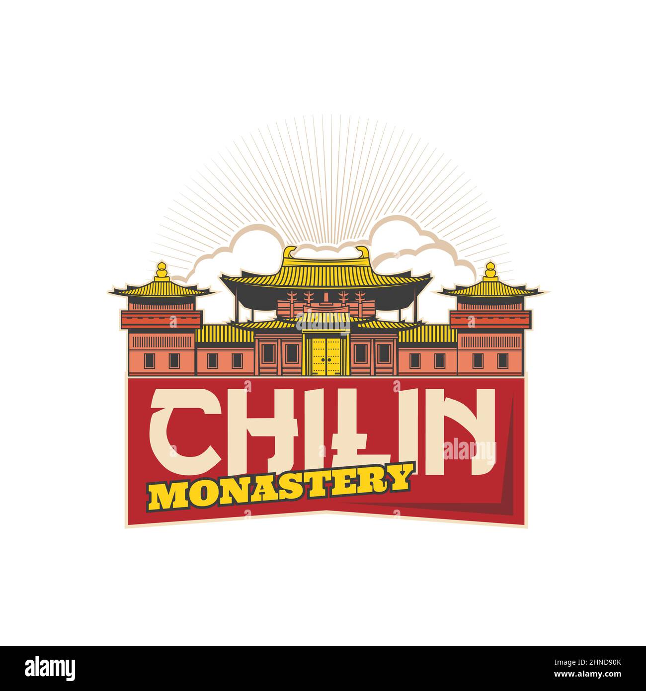 Chi Lin monastery, Hong Kong travel icon with vector buildings of ...