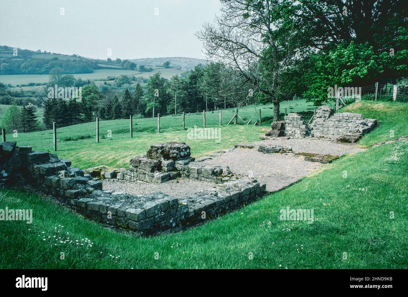 Ruins of Roman fort Y Gaer, situated near Brecon, Wales, United Kingdom ...
