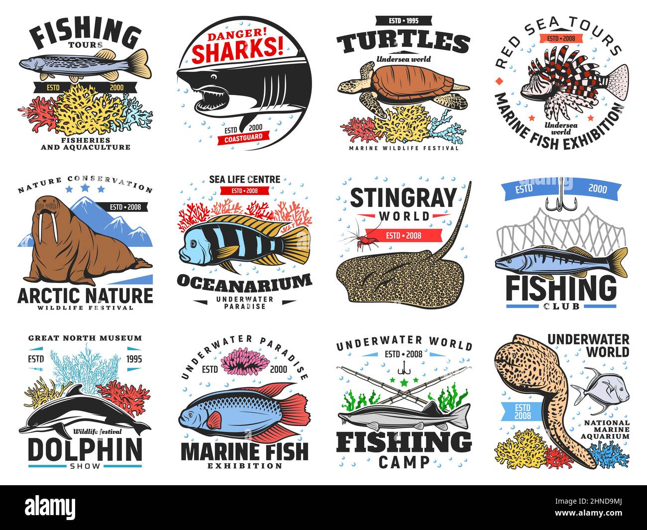 River and ocean fishes, sea animals icons set. Pike, cichlid and ...