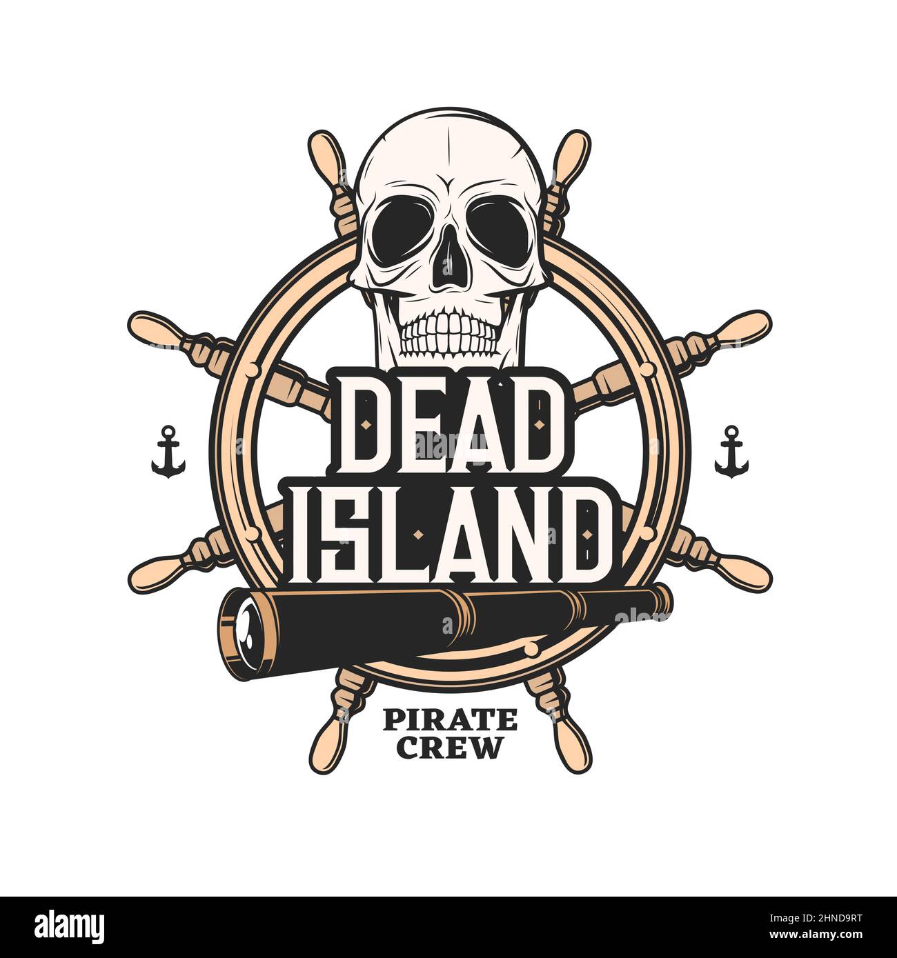 Pirate crew icon with vector skull, helm of sea ship or sail boat ...