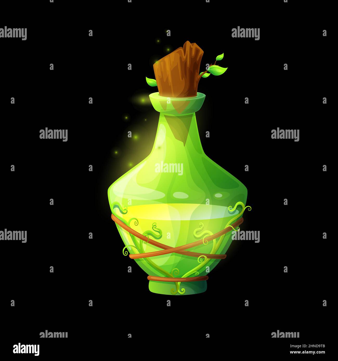 Potion bottle with nature energy. Cartoon vector glass flask with green ...