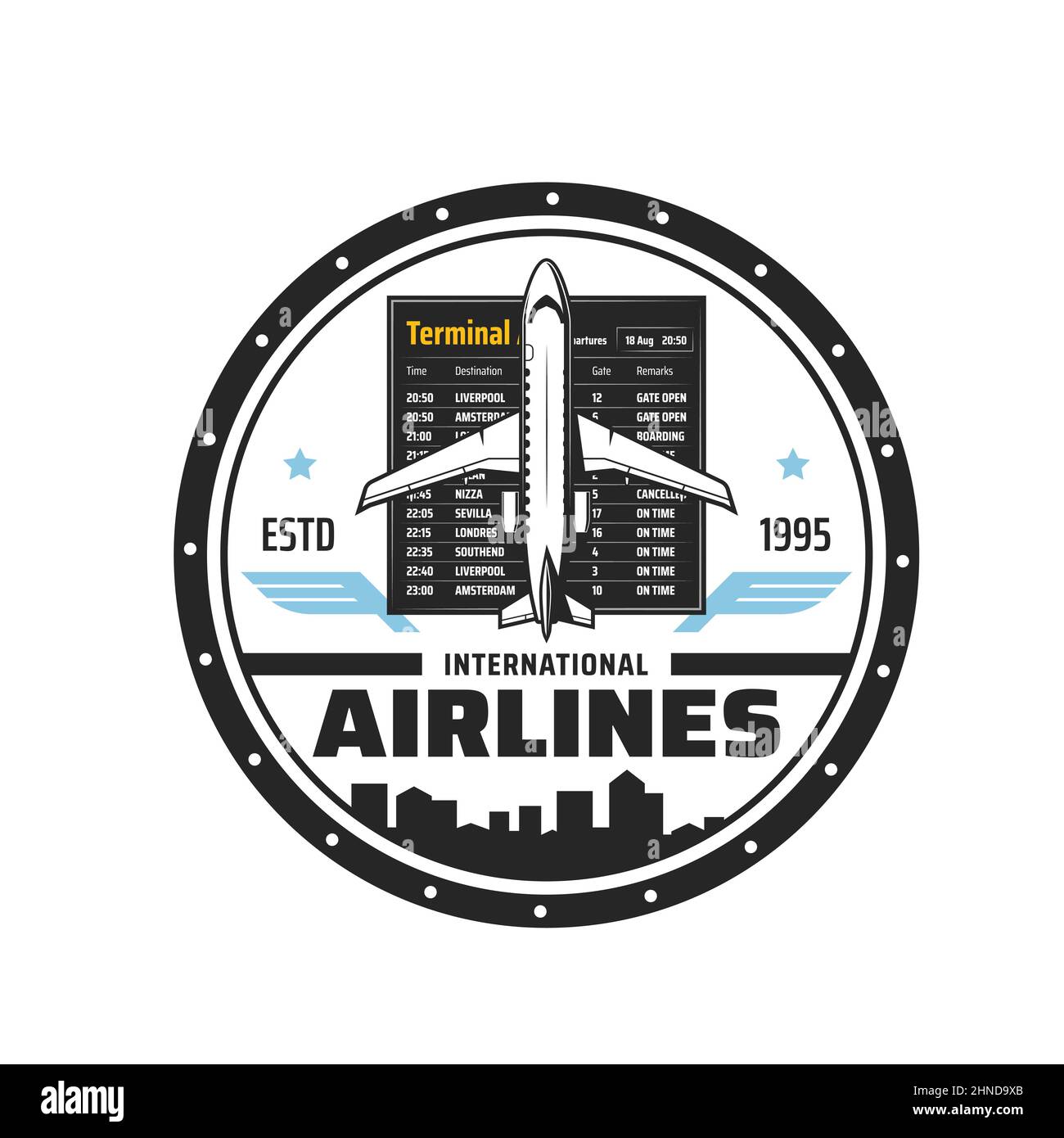 International flights vector icon with plane and airport departure ...
