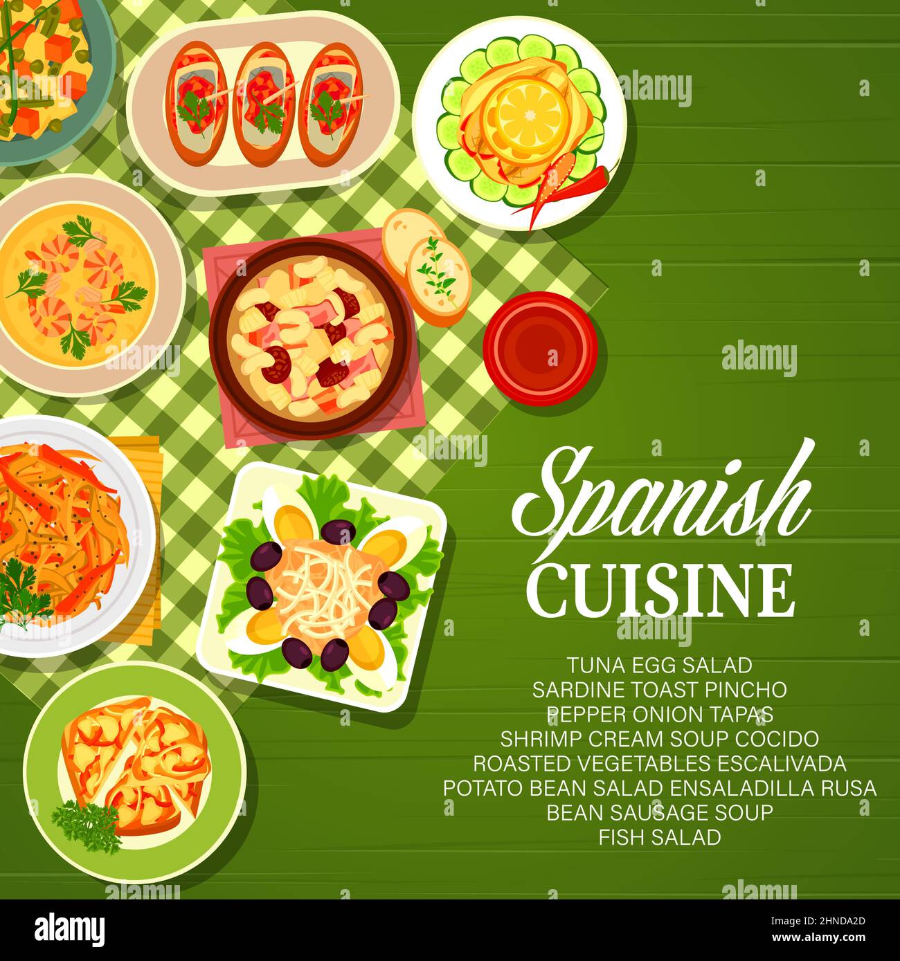 Spanish food vector poster with vegetable tapas, fish, meat and seafood ...