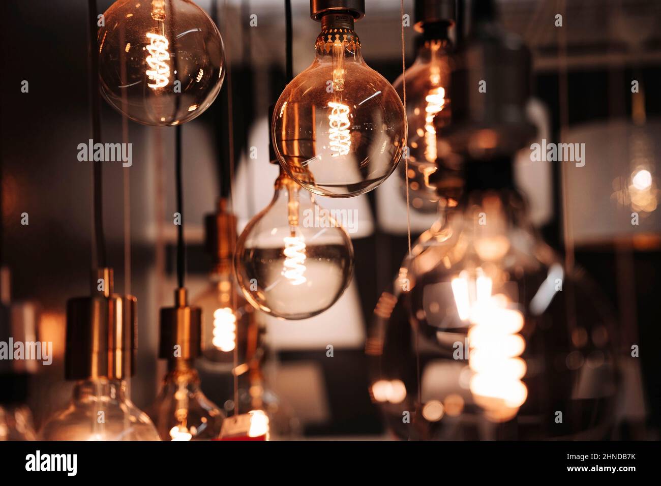 beautiful vintage incandescent lamps with curly spirals, a burning ...