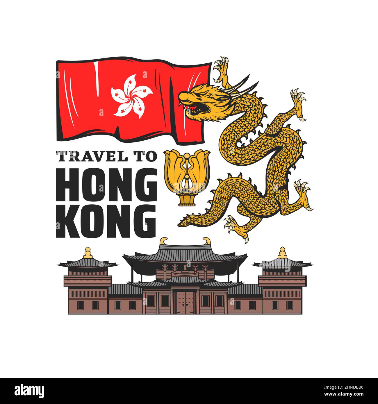 Chi Lin monastery, dragon and bauhinia Hong Kong icon. Vector emblem of ...