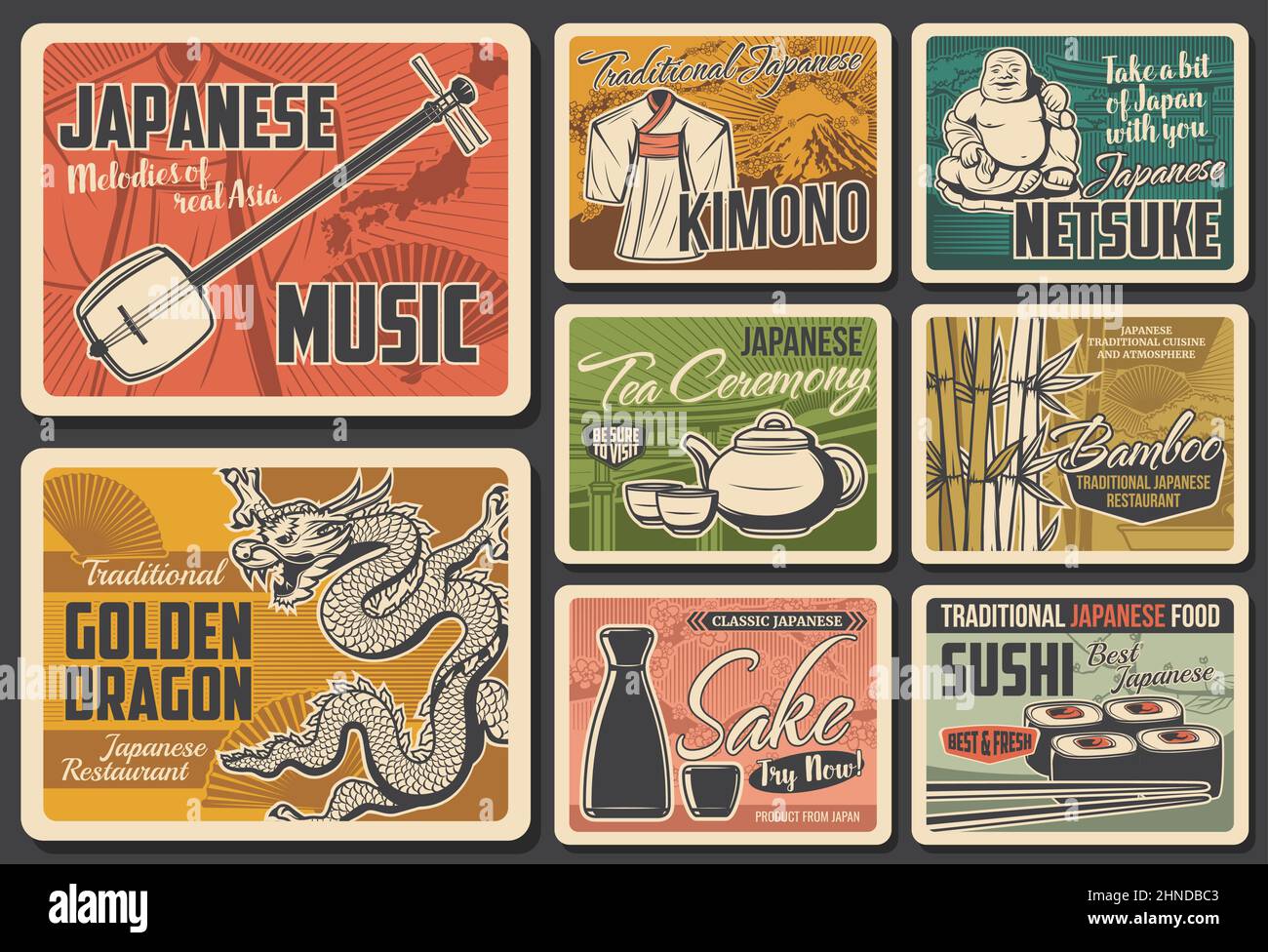 Travel to Japan vector retro posters, Japanese culture and tradition ...