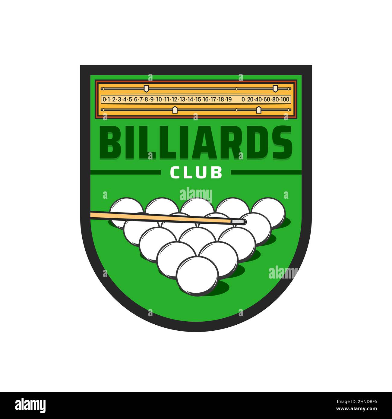 Billiards club icon of vector snooker balls and pool cue on green table ...
