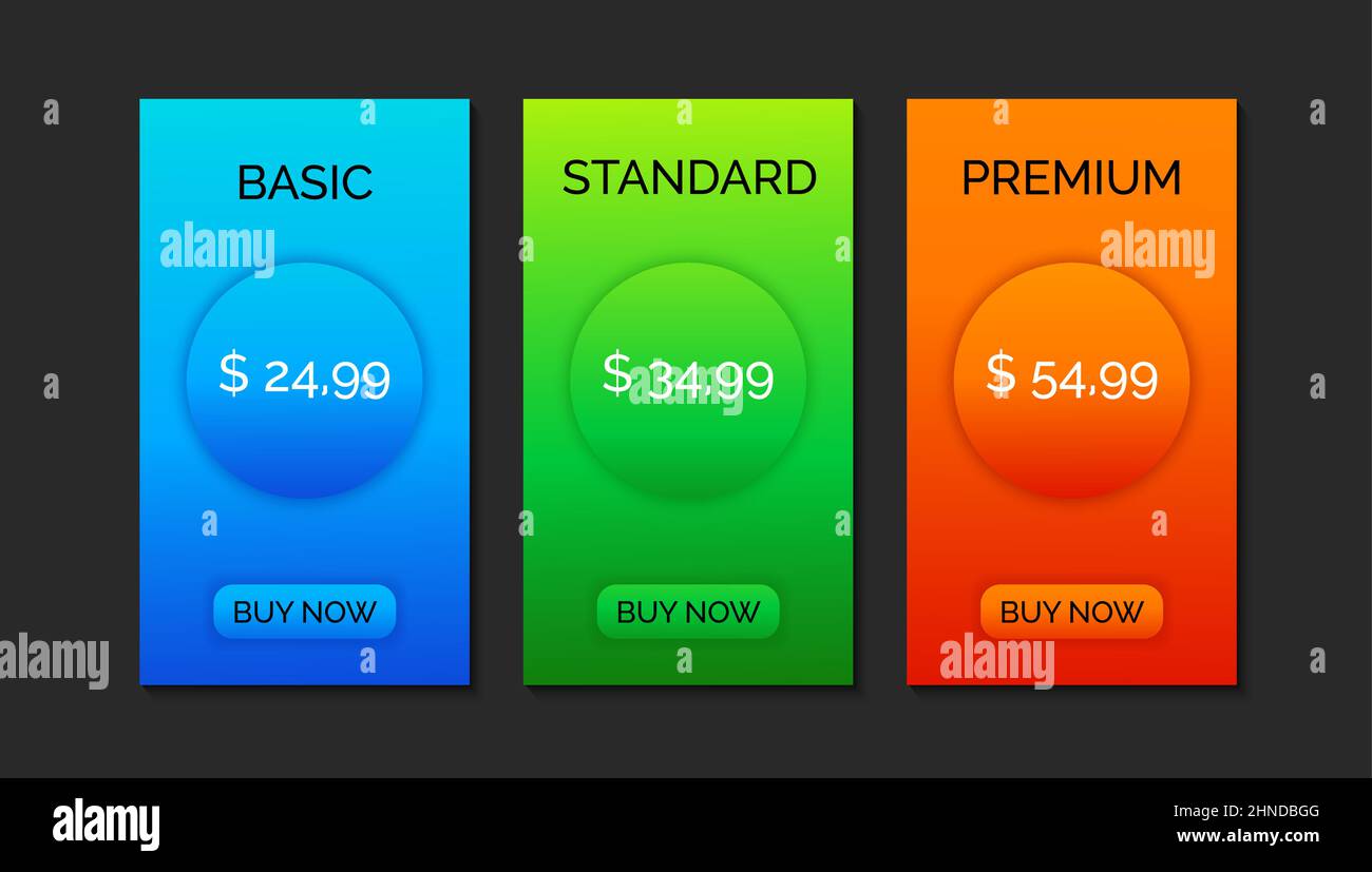 Product price table vector template. Basic, standard, premium tariffs ...