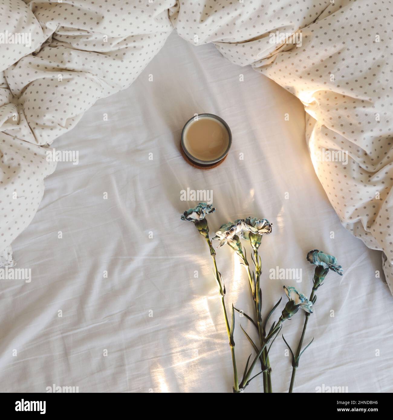 Good morning, Flat lay composition with coffee cup, blue flowers and ...