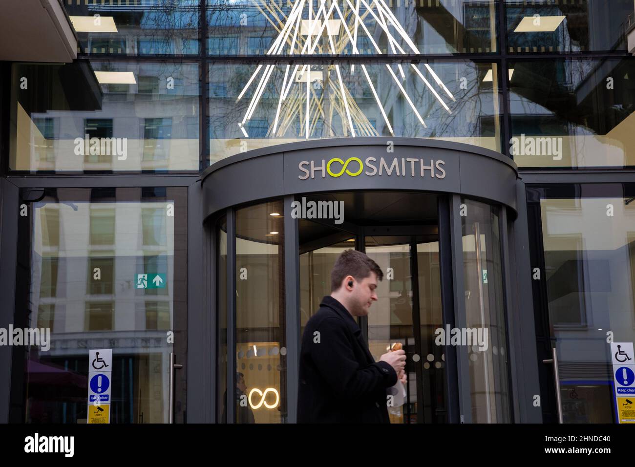 Shoosmiths Law Firm in London, the entrance from the outside on 1 Bow ...