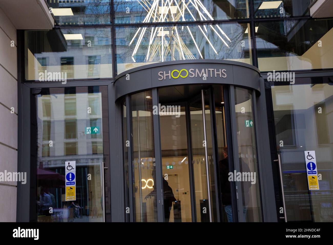 Shoosmiths Law Firm in London, the entrance from the outside on 1 Bow ...