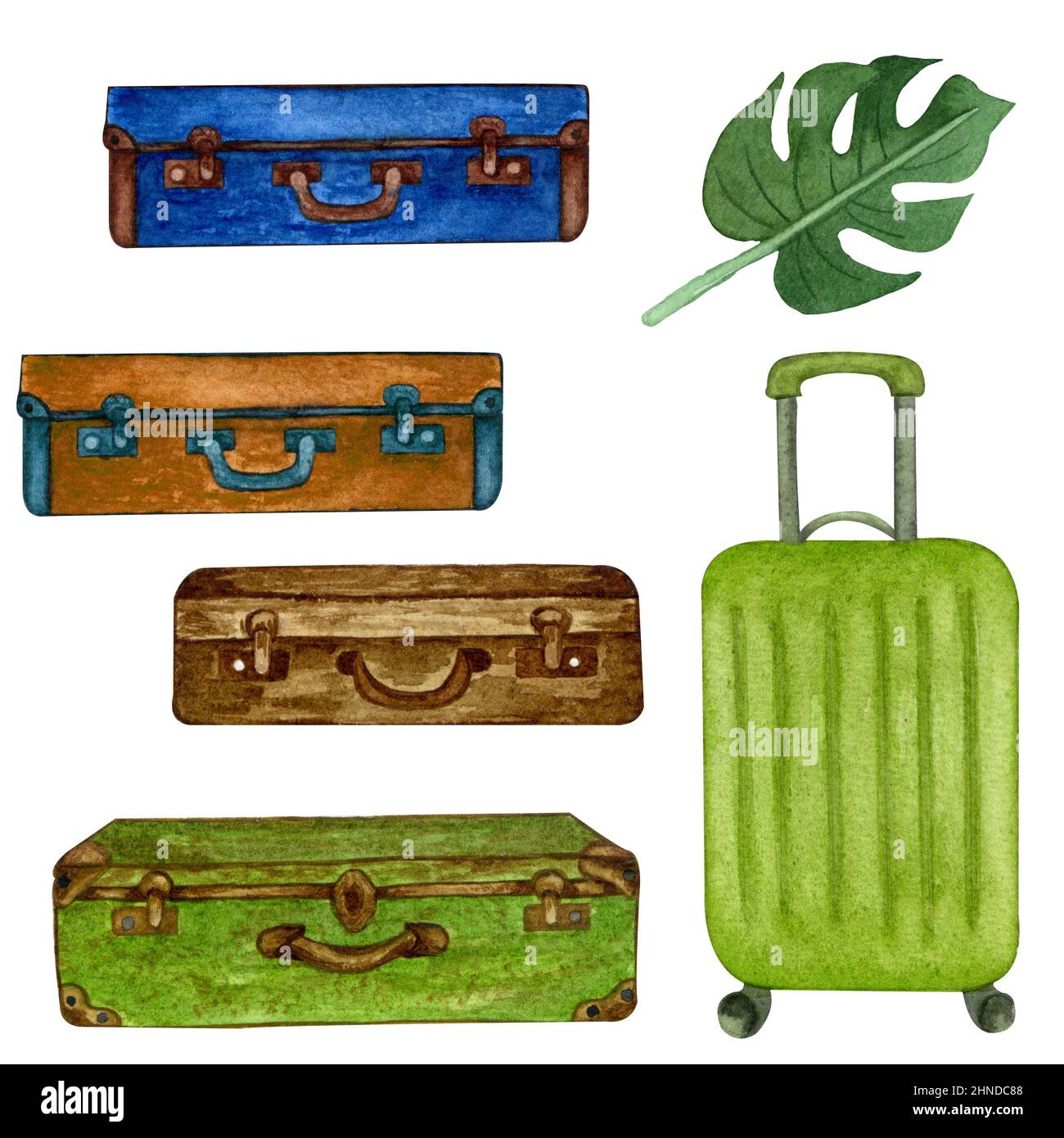 Watercolor travel set with luggage: vintage suitcases, handbag isolated ...