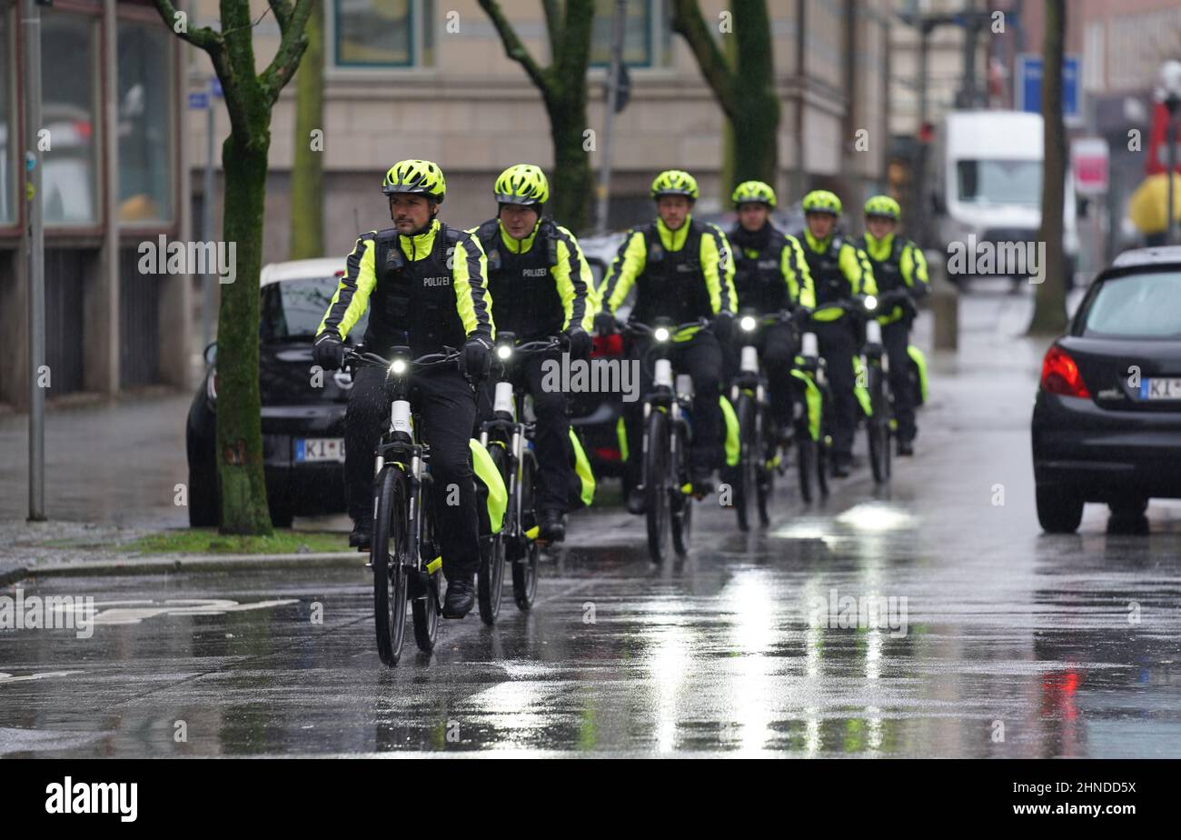 Kiel, Germany. 16th Feb, 2022. The police officers of the first bicycle ...