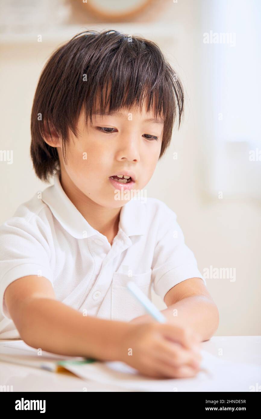 Japanese Elementary School Boy Doing His Homework Stock Photo - Alamy